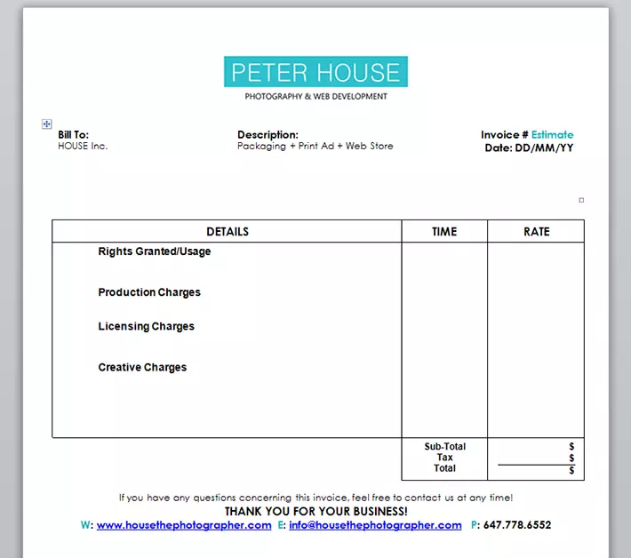 Commercial Photography Invoice