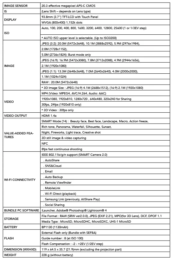 samsung nx2000 specs