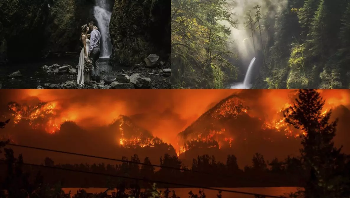 Tá Grianghrafadóirí ar fud an domhain scriosta mar Gorge Abhainn Majestic Columbia Scriosta ag Dóiteáin