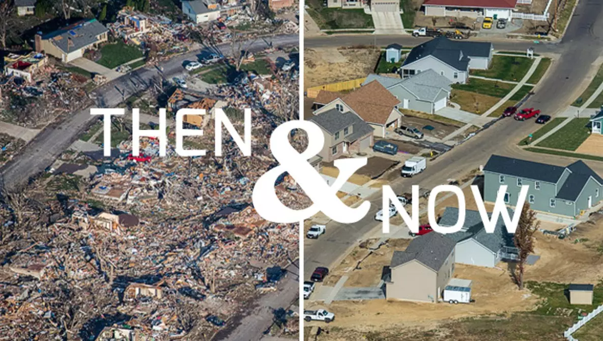 Некогаш и сега серијата фотографии го прикажува уништувањето од торнадо и издржливоста на заедницата