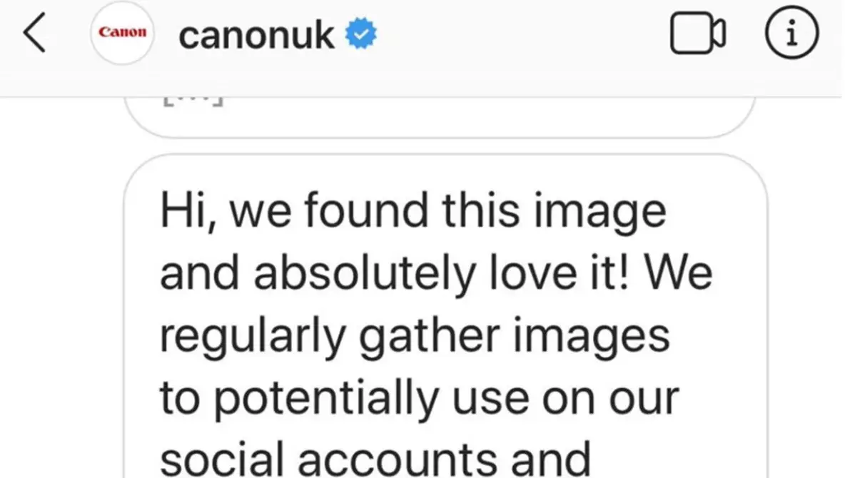 Instagramový účet společnosti Canon UK přistihl fotografy, kteří posílají zprávy, jak se ptají na bezplatné použití obrázků