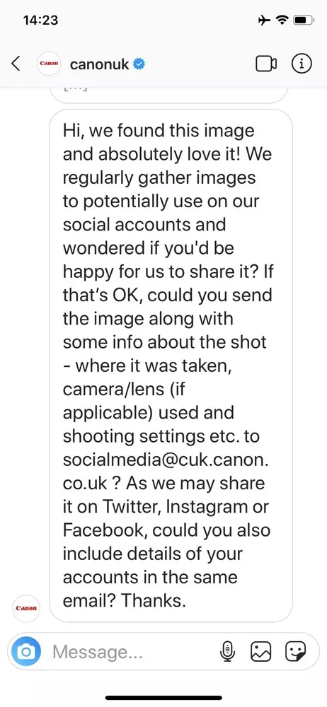 Conta do Instagram da Canon UK flagrou fotógrafos de mensagens pedindo uso gratuito de imagens 3748_1