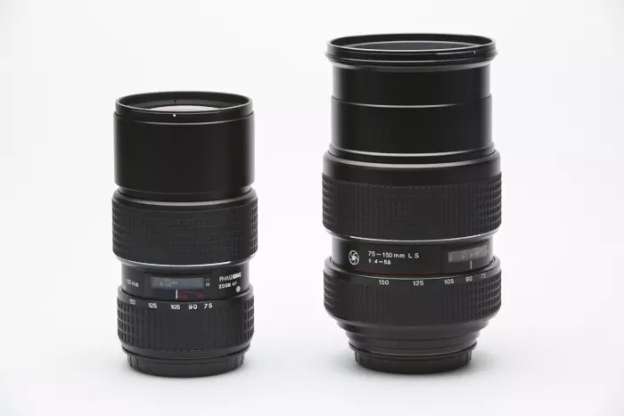 75-150 yakatarisana nendege shutter lens (kuruboshwe) vs iyo 75-150 shizha shutter lens (kurudyi)