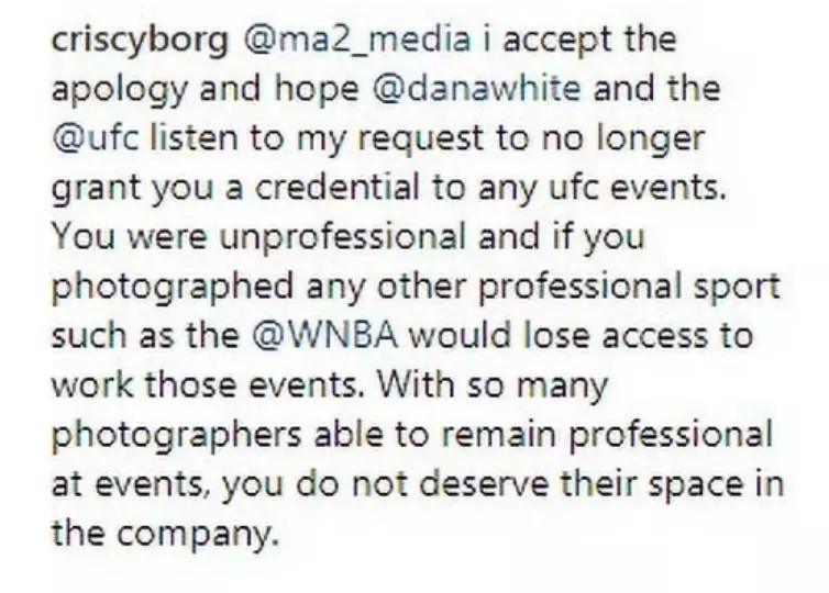 Fotógrafo prohibido de fotografiar futuros eventos de UFC después de insultar a un peleador en Instagram 43287_1